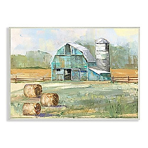 Stupell Industries Contemporary Blue Farm Barn Hay Bails Empty Field, Designed by Sally Swatland Wall Plaque, 15 x 10, Green