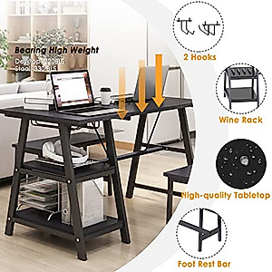 sogesfurniture 3-Piece Dining Room Table Set, Kitchen Table with Bench, Breakfast Table with Wine Rack and Glass Holder for Home, Kitchen, Dining Room (47.2", Black)