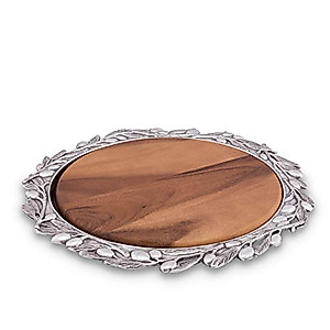 Arthur Court Sand-Cast Aluminum Pizza or Cheese Server with Wood Board; Olive Pattern Metal Holder 16 inch Diameter