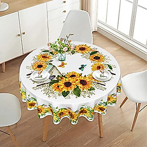smuxqni Blooming Sunflower Tablecloth Round 60 Inch- Summer Yellow Floral Table Cloth Washable Reusable Farmhouse Sunflower Table Cover Table Cloth for Home Patio Party Picnic