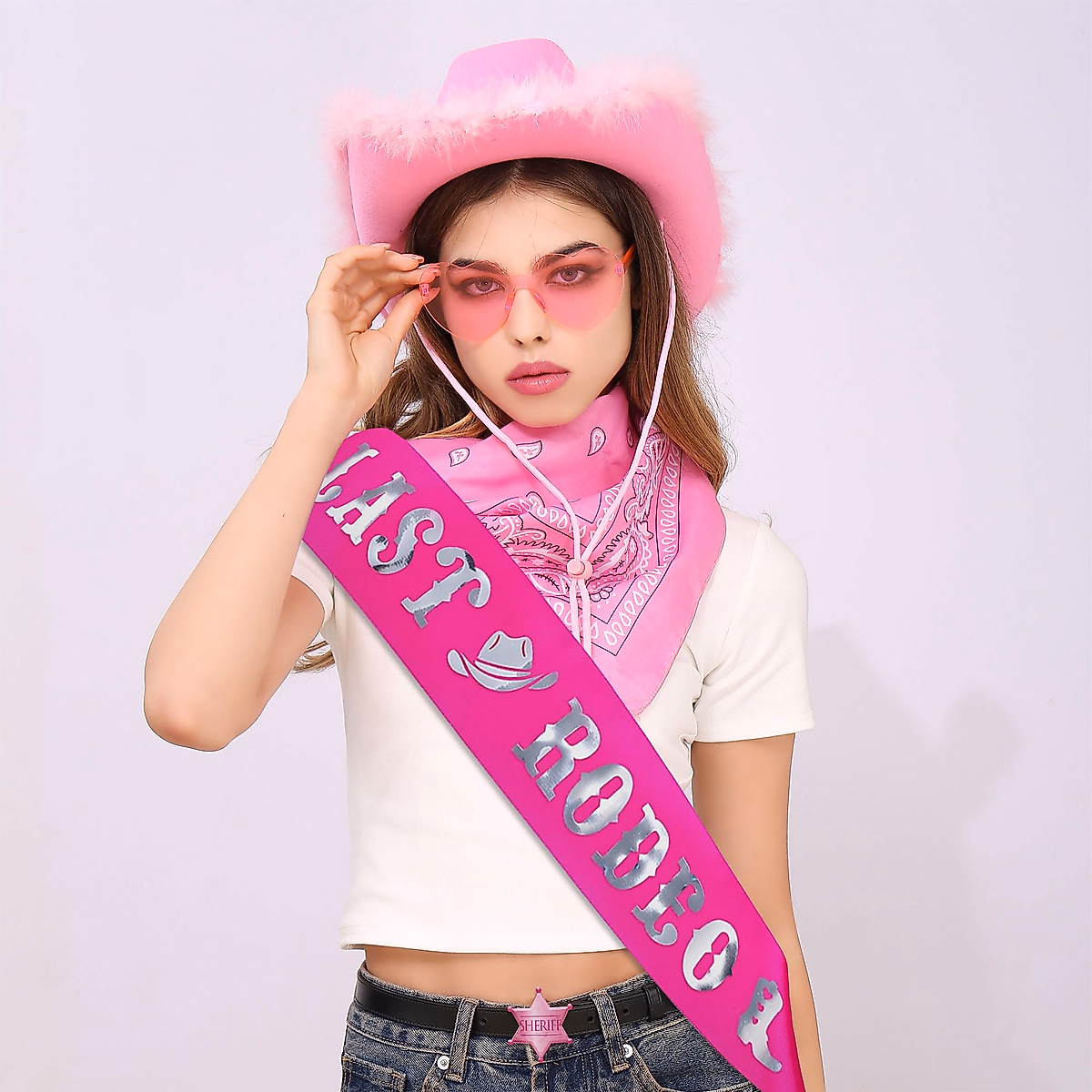 JeVenis 2 PCS Last Rodeo Sash Pink Heart Sunglasses Last Rodeo Bachelorette Party Favors Western Cowgirl Bachelorette Bridal Shower Decoration