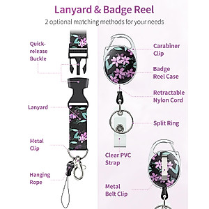 Uniclife Floral Sliding Badge Holder Purple Flower Plastic Case with Retractable Badge Reel Carabiner Clip & Detachable Lanyard Strap Fashionable Vertical Card Protector for Women Teacher Student