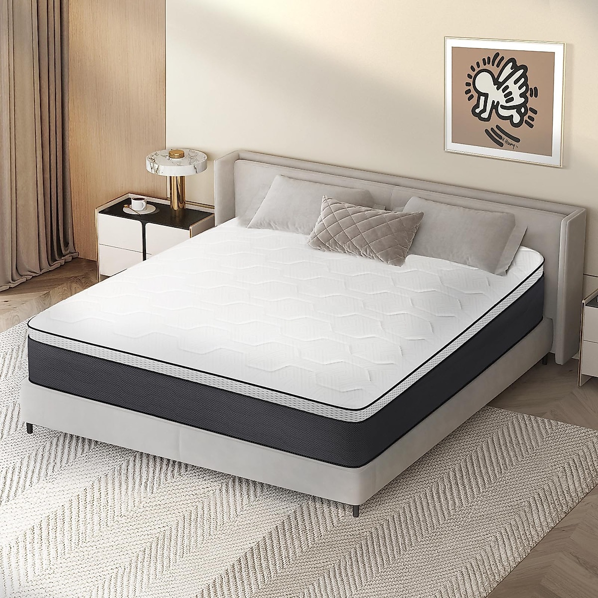 Z-hom King Mattress 14 Inch, King Mattresses Hybrid Spring Mattress in a Box, King Size Foam Innerspring Mattress with Motion Isolation & Pressure Relief for King Bed Frames, Medium Soft, White Grey