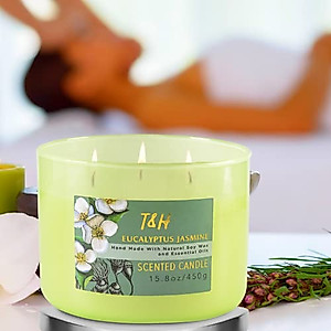 Stress Relief Aromatherapy Candle for Men & Women - Eucalyptus Jasmine 3 Wick Candle with Lavender, Mandarin & Balsam - Strong Scented Candles for Home 15.8 oz - Natural Soy Candles, Eucalyptus Candle