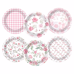 Justforjoyful 48Pcs Floral Paper Plates Pink Rose Party Decoration Disposable Vintage Flower Party Dinnerware Tableware Set Tea Party Dinner Plate for Birthday Wedding Baby Shower Party Supplies 7in
