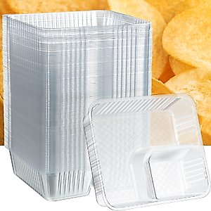300 Pieces Nacho Trays Disposable 2 Compartment Food Tray Concession Stand Supplies Movie Night Snack Trays Clear Plastic Cheese Dip and Chip Holder for Candy Kids School Carnival (6 x 5 x 1.5 Inch)
