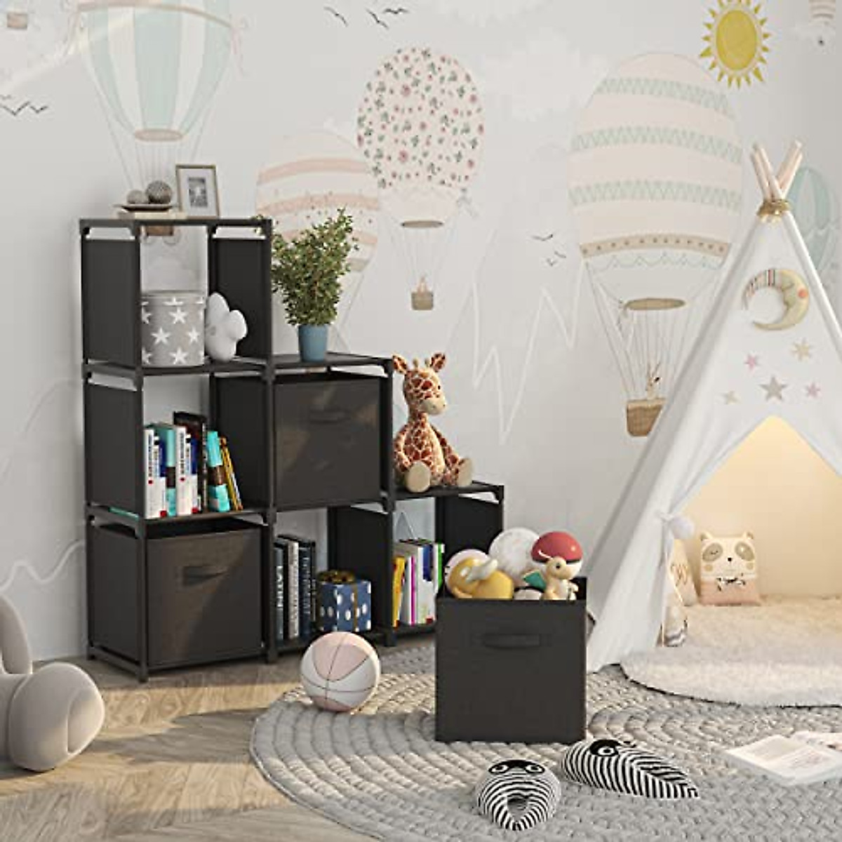 6-Cube Storage Organizer, Closet Organizers and Storage, Cube Storage Shelf with 3 Extra Drawers, Strong Load-Bearing Capacity, Portable Shelves for Bedroom, Living Room, Home, Office Black