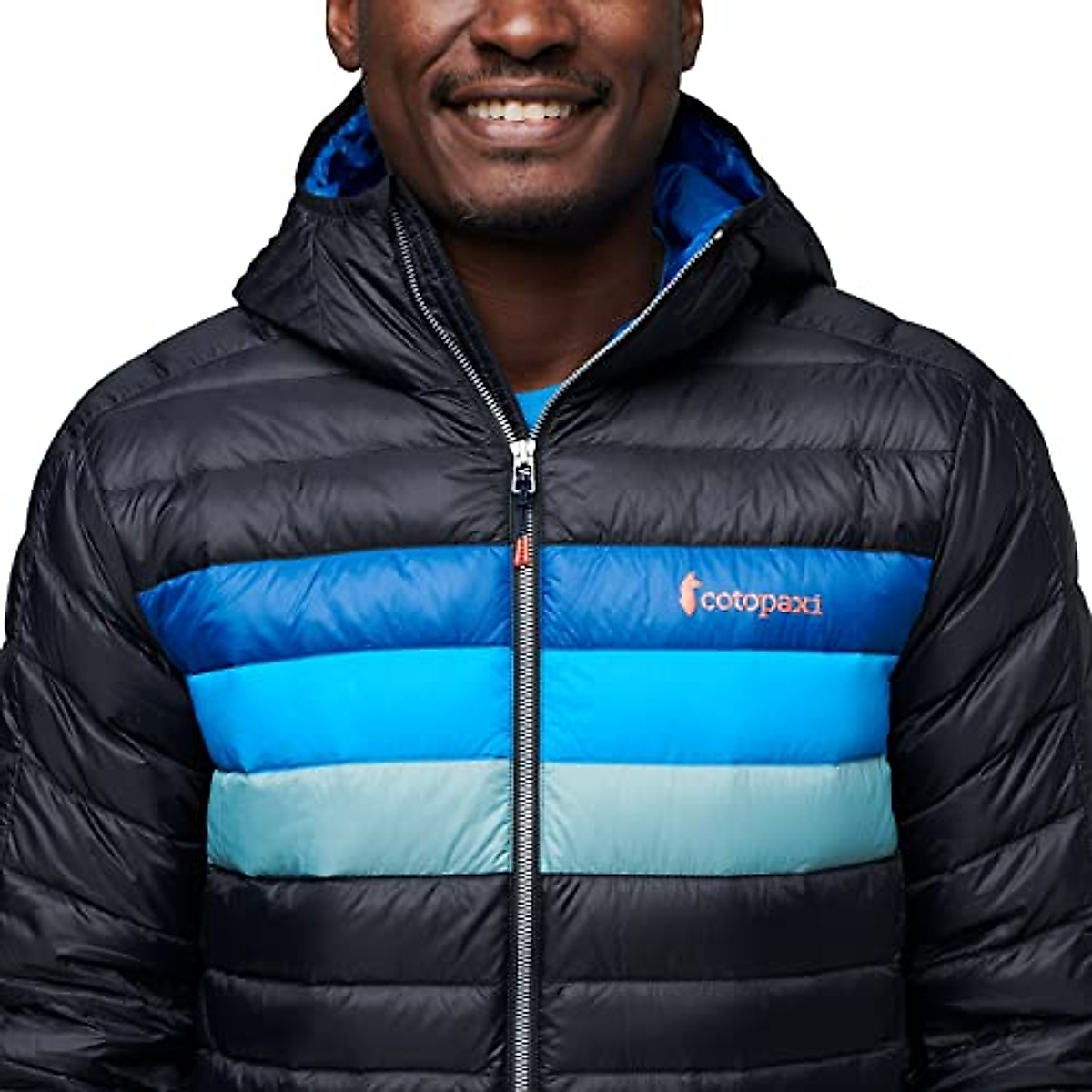 Cotopaxi Fuego Down Hooded Jacket - Men's Black & Pacific Stripes Medium