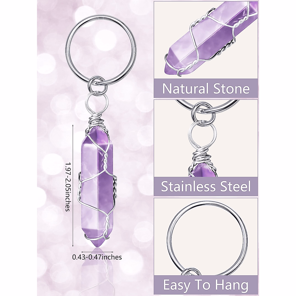 5 Pieces Crystals Stone Keychain Healing Stones Jewelry Hexagonal Crystal Keyring Quartz Pendants Keychain Quartz Crystal Healing Crystal for Women