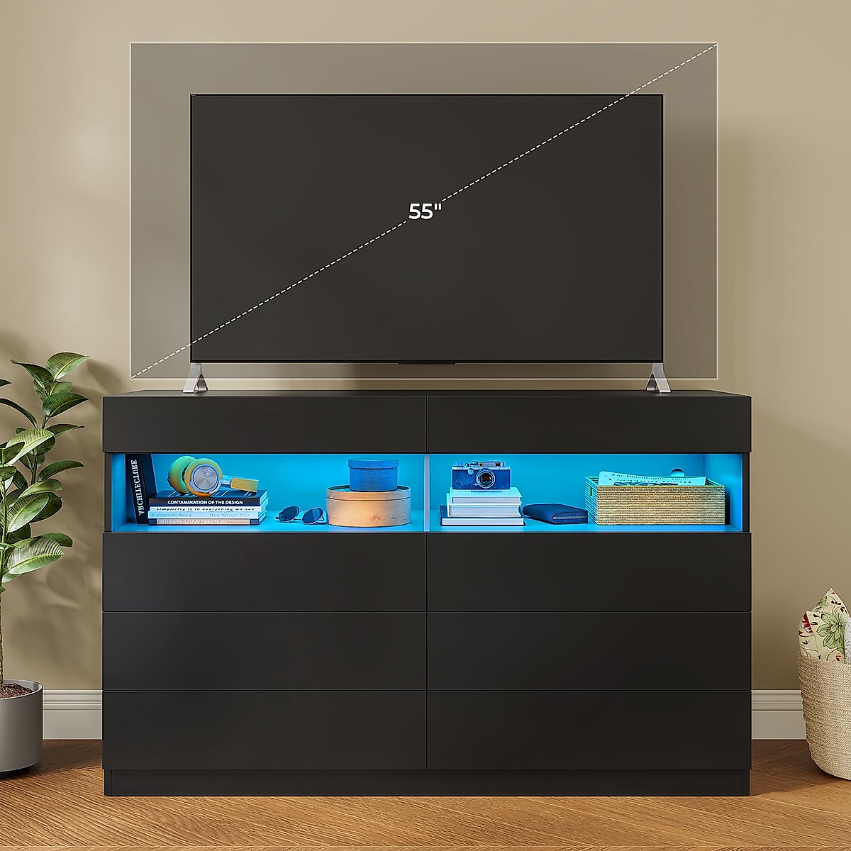 BTHFST 8 Drawer Dresser for Bedroom with RGB Lights & Power Outlet, 47" W Double Dresser with Open Shelves, Modern No Handle Chest of Drawers for Closet, Black