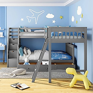 Harper & Bright Designs L Shaped Bunk Bed with Stairs and Storage, Twin Over Full Size Triple Bunk Bed for 3, Wood Corner Beds for Kids, Teens, Adults. No Box Spring Needed (Gray)