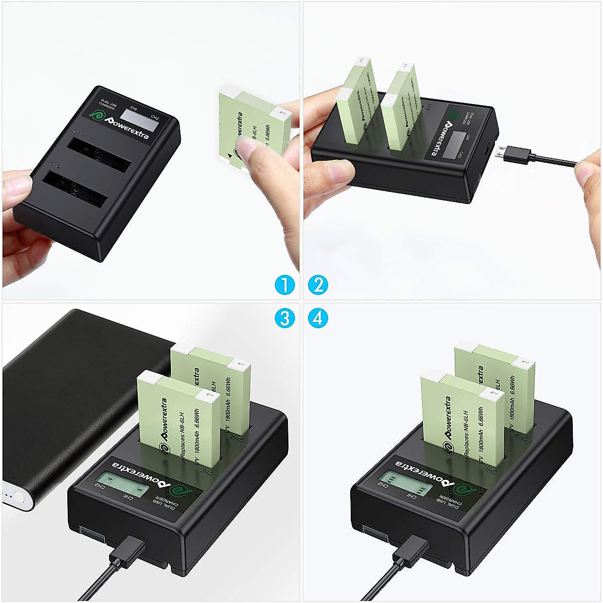 Powerextra 2 Pack NB-6LH Battery and Dual USB Charger for Canon NB-6L Battery and Canon Powershot S120 SX510 HS SX280 HS SX500 is SX700 D20 S90 D30 ELPH 500 SX270 SX240