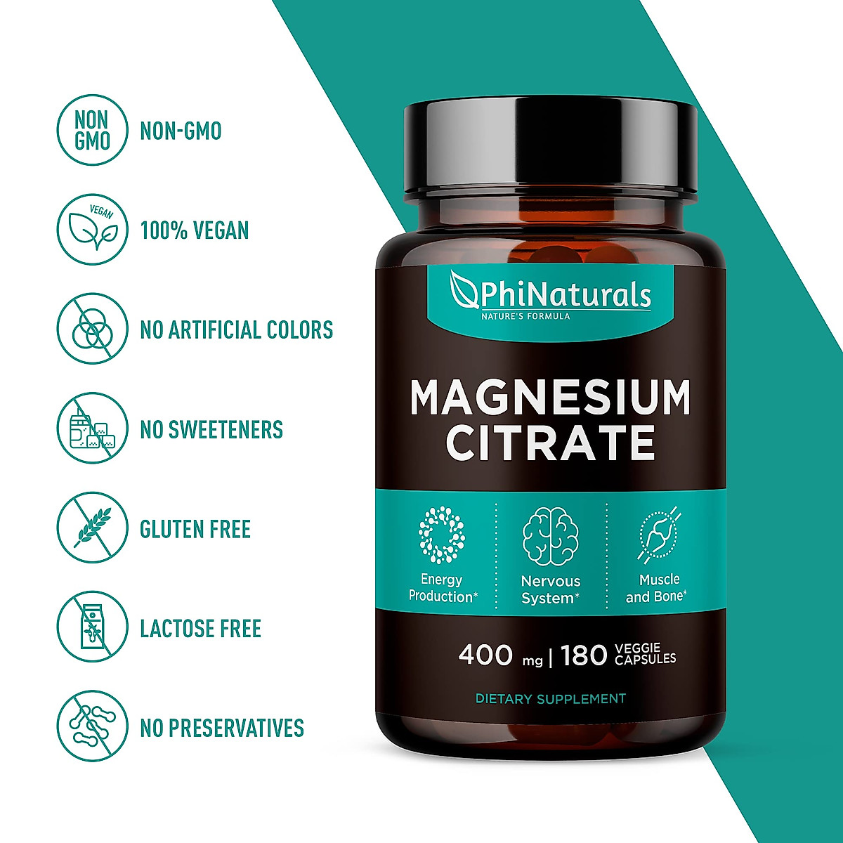 Magnesium Citrate Powder Capsules 400mg - 180 Count Veg Caps - PhiNaturals Supplements - Nervous System Support and Enzyme Function