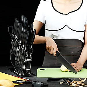 hecef 25 pcs Kitchen Knife Set with Block - 8 Cooking Knives, 8 Serrated Steak Knives, 4 Cutting Mats, Pizza Wheel, Scissors, Peeler, Knife Sharpener & Acrylic Stand (Gray Titanium)