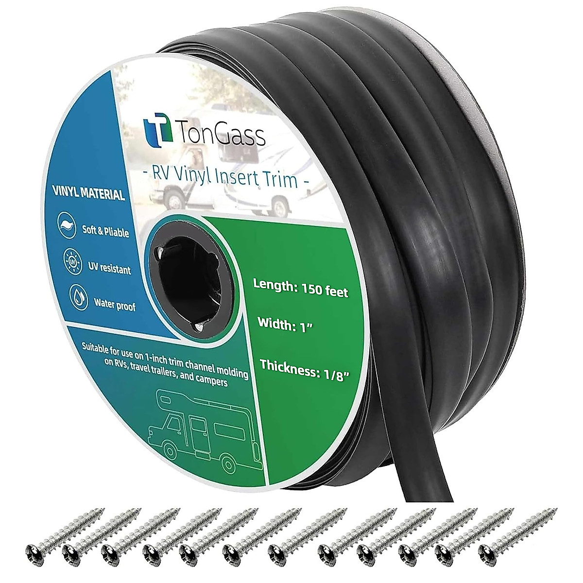 TonGass (Black, 1 Inch by 150 Feet) RV Vinyl Molding Trim Insert RV Trim Molding Exterior Waterproof UV-Resistant Exterior Trailer Siding Corners Trim Protects RV Shell Screws - No Need to Heat