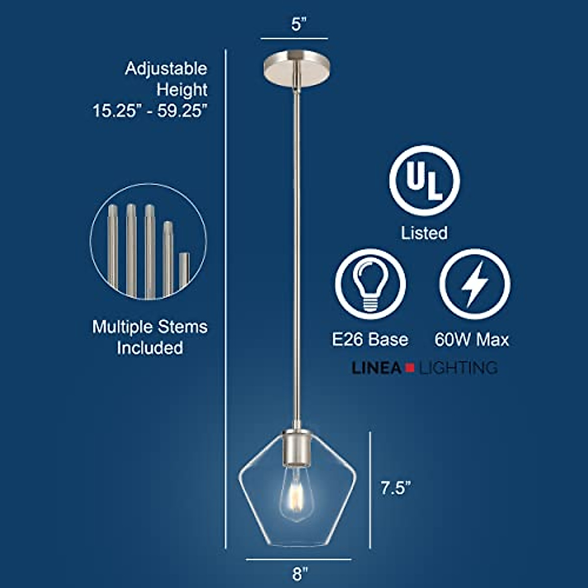 Linea di Liara Macaria Modern Glass Farmhouse Pendant Lighting for Kitchen Island and Over Sink Lighting Fixtures Brushed Nickel Pendant Light Hanging Ceiling Light Angled Clear Glass Shade, UL Listed