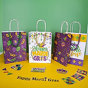 Whaline 20 Pack Mardi Gras Paper Gift Bags with Handle Crown Masquerade Mask Pattern Gold Coins Bags Carnival Party Favor Treat Bags for Gift Wrapping Mardi Gras Birthday Party Supplies, 4 Designs