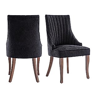 mikibama Linen Dining Chairs Set of 2 Channel Tufted Kitchen Dinner Chair Comfy Fabric Upholstered Accent Chair for Dining Room with Solid Wood Legs (Black)