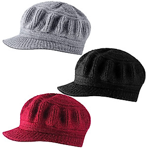 Mepase 3 Pieces Women Warm Hat for Winter Slouchy Beanie Cap with Visor Knitted Newsboy Hats for Women Ski Snow (Red, Black, Gray)
