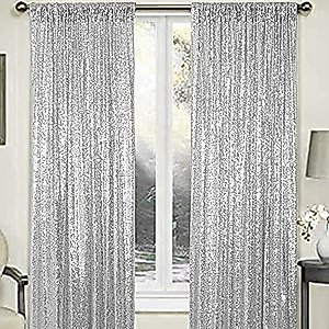 WISPET Silver Sequin Backdrop Curtains 2 Panels 2FTx8FT Glitter Drapes Backdrop Wedding Photo Backdrop Glitter Birthday Bridal Party Curtains Sparkle Background Party Decor Curtains