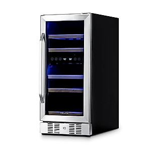 NewAir 15" Built-in or Freestanding 29 Bottle Dual Temperature Zone Wine Fridge, Quiet Operation Wine Cooler with Beech Wood Shelves, Stainless Steel Wine Cellar for Red, White, and Sparkling Wine