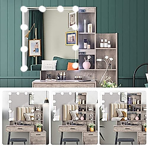 3-color Lighted Mirror Cabinet with Stool - Vanity Desk and Cushioned Chair - Sliding Mirror Makeup Desk - 2 Drawers 1 Door Cabinet 2 Shelves - Charging Station - Screen Touch Switch - Retro Grey