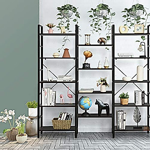 Tangkula Triple Wide 5-Tier Bookcase, Large Open Bookshelf, Display & Storage Shelf, Vintage Industrial Style Shelves with Metal Frame, Bookcase Furniture for Living Room, Study, Office (Black)