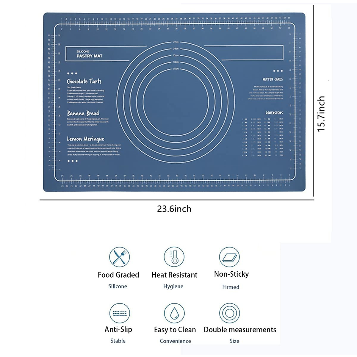 Baking Mats,Silicone Pastry Mat,Silicone Baking Mat for Pastry Rolling Dough with Measurements, BPA Free Non stick and Non Slip Blue Table Sheet Baking Supplies for Bake Pizza Cake
