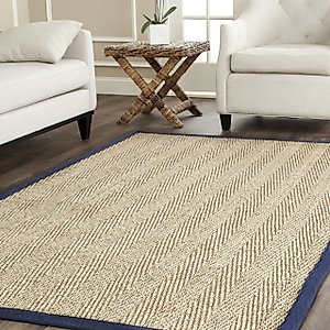SAFAVIEH Natural Fiber Collection Area Rug - 6' x 9', Natural & Blue, Border Herringbone Seagrass Design, Easy Care, Ideal for High Traffic Areas in Living Room, Bedroom (NF115E)