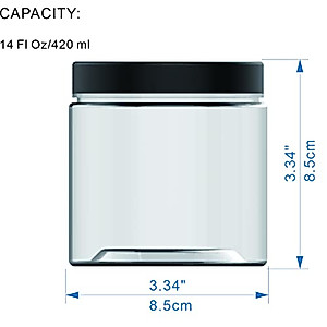 HoleviFO 14oz (420ml 12 Pack) Empty Clear Wide Mouth Plastic Jars with Matte Black Lids and Labels - Round PET Containers for Food Storage and Dry Goods,Craft and More - BPA Free