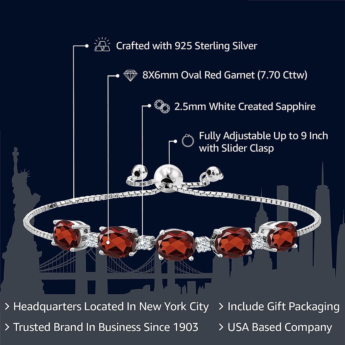 Gem Stone King 925 Sterling Silver Red Garnet and White Created Sapphire Tennis Bracelet For Women (7.70 Cttw, Oval 8X6MM, Gemstone Birthstone, Fully Adjustable Up to 9 Inch))