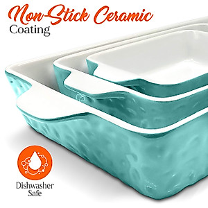 NutriChef 3-Piece Ceramic Casserole Dishes for Oven - Porcelain Bakeware Dishes w/Premium Non-Stick Coating & Built-In Handles - Dishwasher & Microwave Safe - 14.7"/10.8"/7.9" (Aqua)