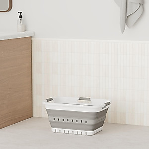 SAMMART 30L (8 gallon) Collapsible 3 Handled Plastic Laundry Basket - Foldable Pop Up Storage Container/Organizer - Space Saving Hamper/Basket (White/Grey)