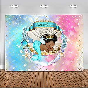 Mocsicka Royal Mermaid Princess Backdrop Under Sea Glitter Shell Crown Background 7x5ft Black Girl Backdrops Banner for Baby Shower, Birthday Party