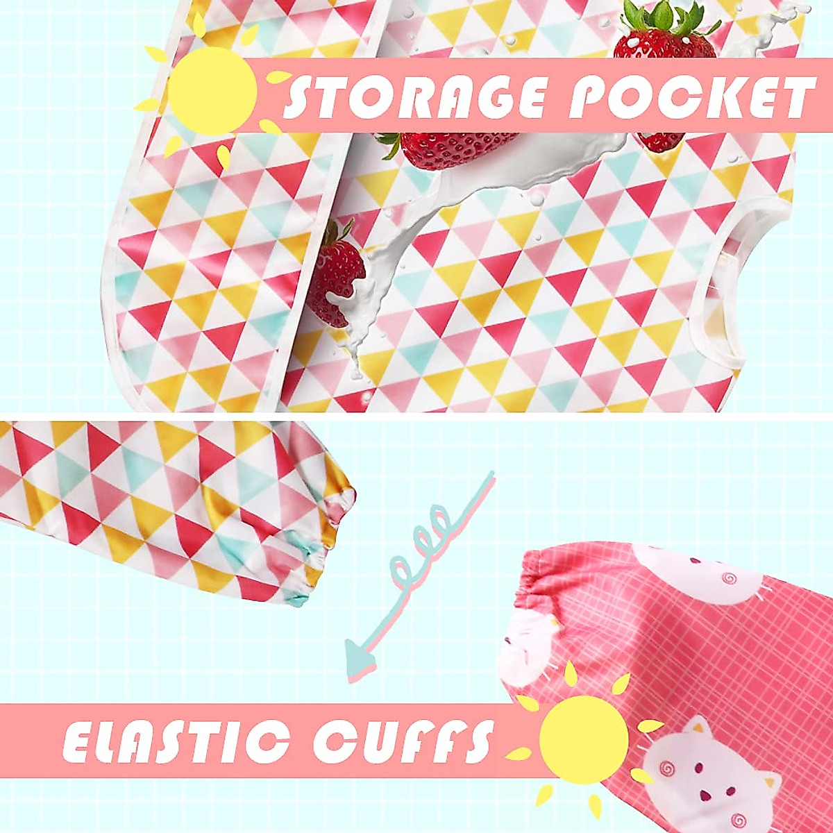 Little Dimsum Full Sleeved Feeding Bib 2 Pack,Baby & Toddler Waterproof Bib Apron,Food Protection Large Pocket Eating Smock 6-36 Months