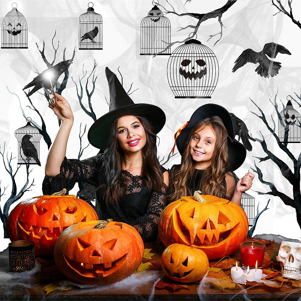 Seajan 4 Sheets Halloween Wall Decals Halloween Black Wall Stickers Black Tree Crow Cage Wall Decals Large Halloween Wall Decals Halloween Home Decor DIY Art for Wall Window Door (Birdcage, Crow)