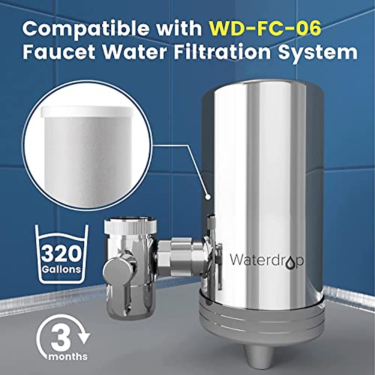 Waterdrop WD-FF-03A Faucet Replacement Filter, Carbon Block Filter Fits WD-FC-01, WD-FC-02, WD-FC-03, WD-FC-06, Reduces Chlorine, Heavy Metals and Bad Taste, Pack of 3