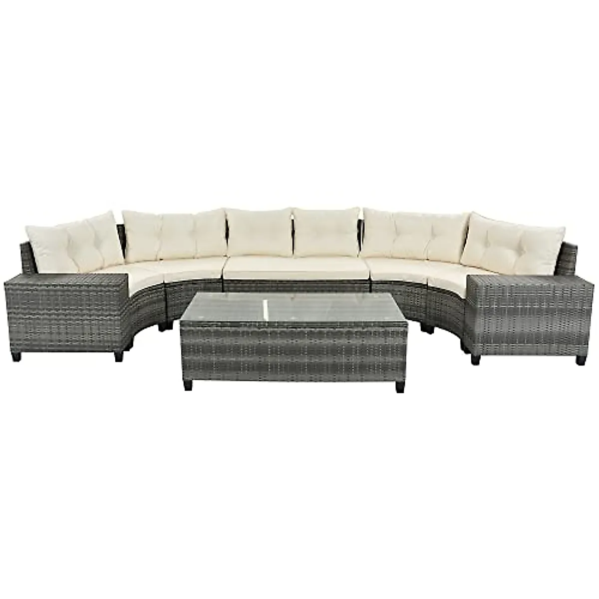 GODAFA 8-Piece Outdoor Wicker Round Patio Furniture Set-Half-Moon Sectional Sofa with Rectangular Coffee Table-Water-Resistant PE Rattan-Movable Cushions, Beige