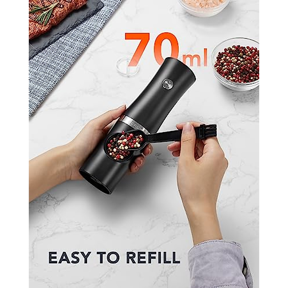 FORLIM Rechargeable Salt and Pepper Grinder Set with USB Base, Automatic Electric Pepper Mill, Adjustable Coarseness, with White LED Light, High Speed Grinding, One Hand Operation, 2 Mills