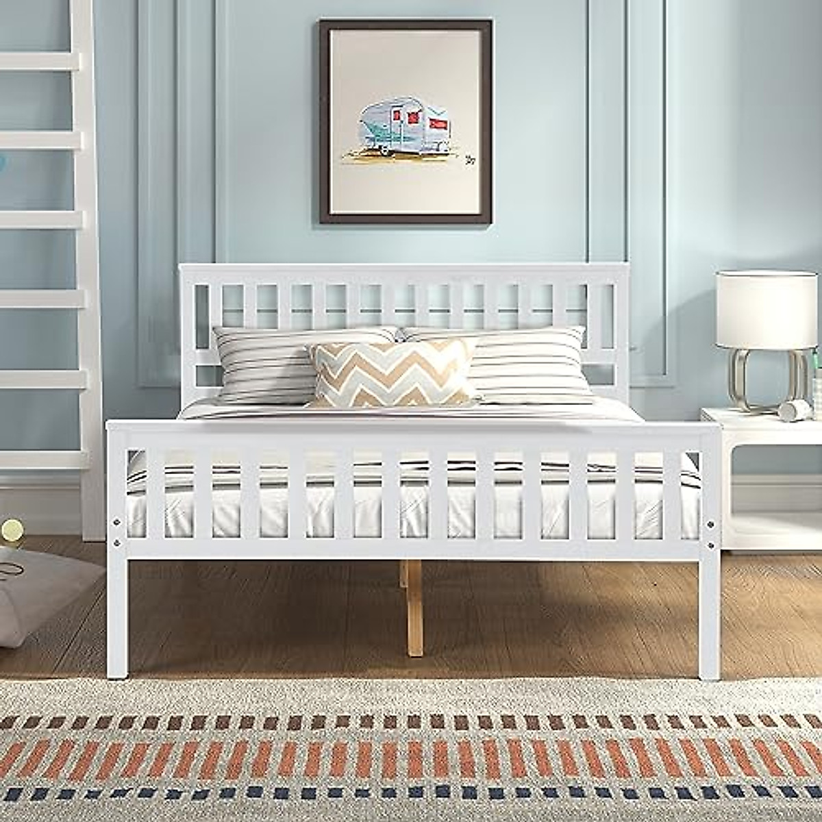Prohon Full Size Platform Bed Frame with Vertical Openwork Design Headboard & Footboard, Wooden Slat Support with Large Underbed Storage Space, Simple Style Bedframe for Kids, Teen, Adults, White