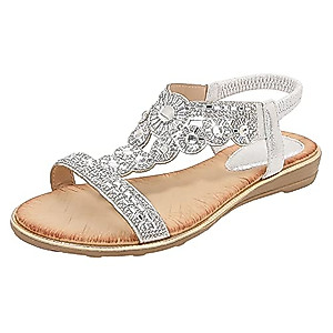 Women's Flat Sandals Summer Beach Sandal Casual Beaded Elastic Sandals T-Strap Rhinestone Beaded Bohemia Shoes (Silver, 8)