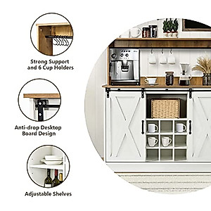 Farmhouse Coffee Wine Bar Cabinet with 6 Hooks, Sliding Barn Door, 47’’ Sideboard Buffet Cabinet with Adjustable Shelf for Kitchen, Dining Living Room, White