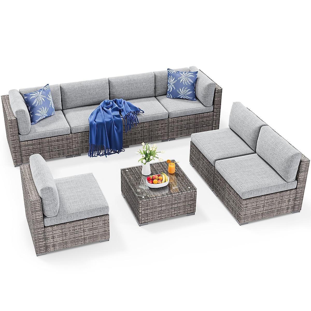 YITAHOME 8 Pieces Outdoor Patio Furniture Set, Sectional Sofa PE Rattan Wicker Conversation Set Outside Couch w/Table and Cushions for Porch Lawn Garden Backyard,Gray