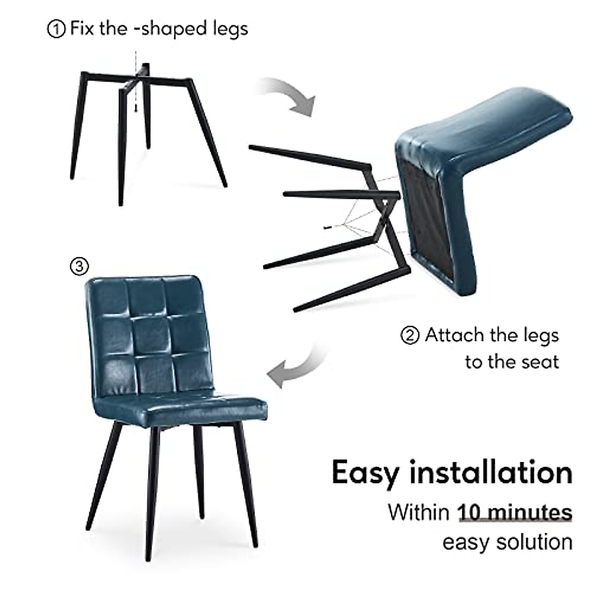 CLIPOP Kitchen Faux Leather Dining Chairs Set of 4, Mid-Century Modern Dining Chair with with Square Grid Design Backrest Heavy Duty Metal Legs, Armless Kitchen Accent Chair for Living Room, Blue