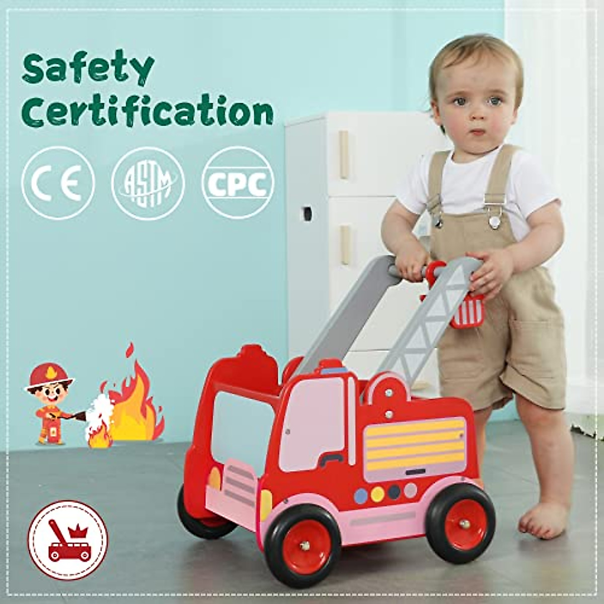 Red Fire Truck Wooden Baby Push Walker - 2-in-1 Toddler Push & Pull Toys Learning Walker Stroller Walker with Wheels for Baby Girls Boys 1-3 Years Old