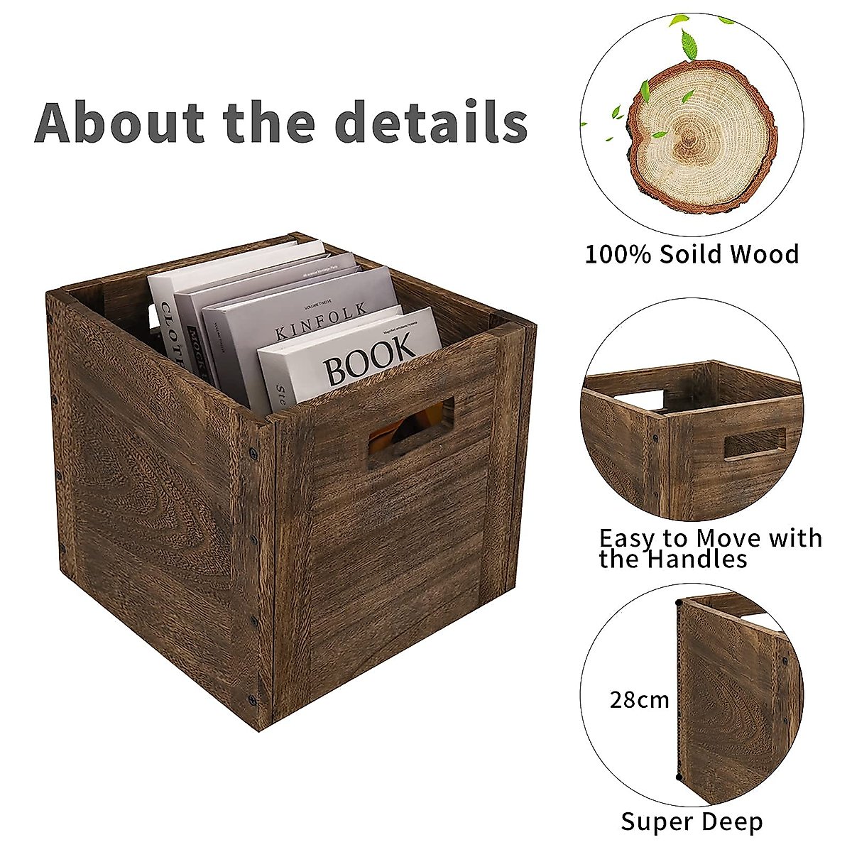 NC Luneodoki Wooden Decorative Storage Cube Boxes with Handles, 11” x Large Baskets For Shelves, Stackable Containers Organizing Bins Toy, Clothes, Books, Office, Rustic Brown