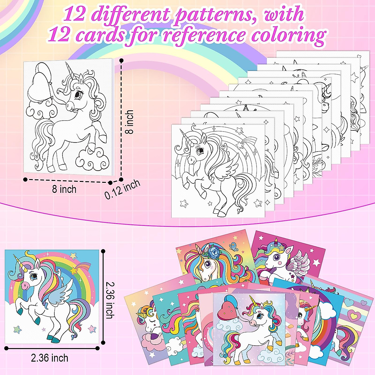 Sherr 12 Pcs Pre Printed Canvas Cute Canvas Painting Set for Kids Printed Canvas to Paint Canvas Set Theme Canvas Painting for Party Favor(8 x 8 Inch, Unicorn)