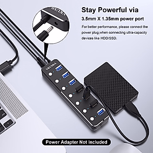 USB Hub, VKUSRA 7 Port USB Hub 3.0 with 4ft USB Long Cable, and Aluminum USB 3.0 Hub with Individual On/Off Switch and LED Indicator, USB Splitter for Laptop & PC, Power Adapter Not Included