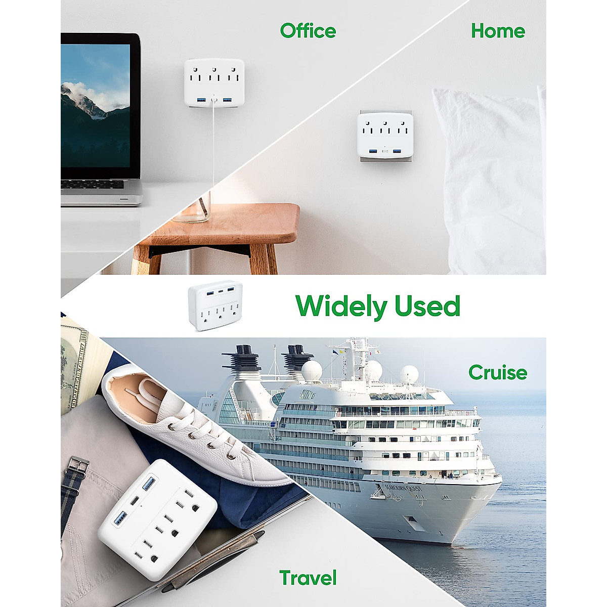 Foldable USB Wall Charger, Multi Plug Outlet Extender with 3 AC 3 USB Ports, Compact for Home Office Cruise Travel, College Dorm Room Essentials, 2 Packs