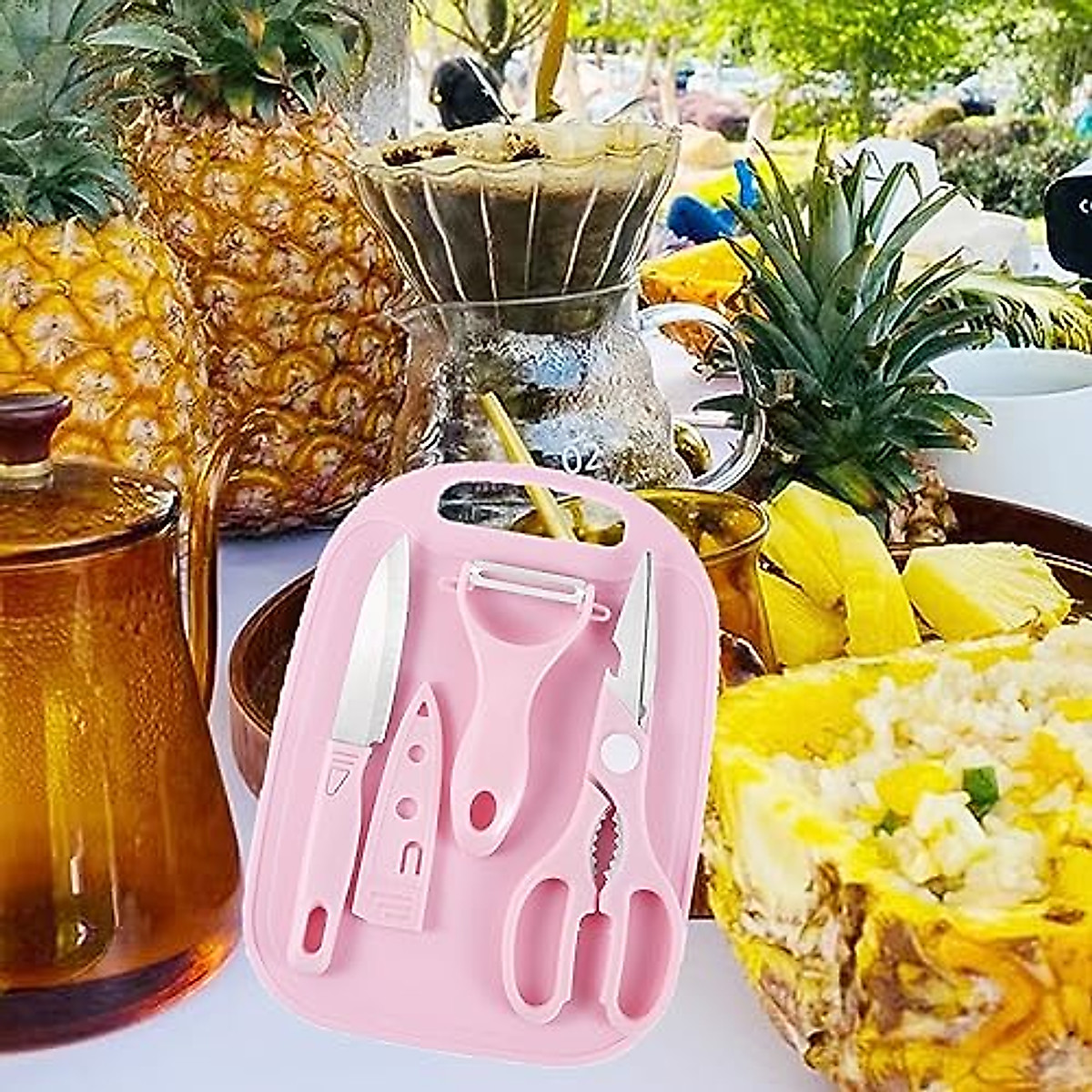 Mini Travel Cutting Board Set, 4 Pcs Portable Mini Camping Plastic Cutting Board & Knife, Fruits & Vegetable Peeler Scissors(Pink)